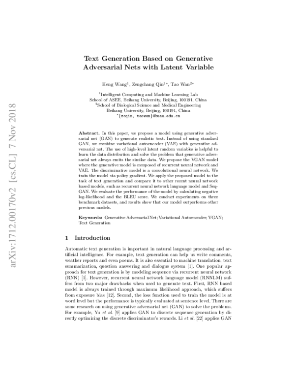 (PDF) Text Generation Based on Generative Adversarial Nets with Latent Variables