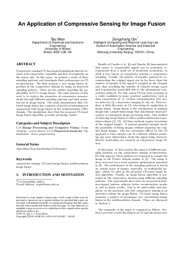 (PDF) An application of compressive sensing for image fusion