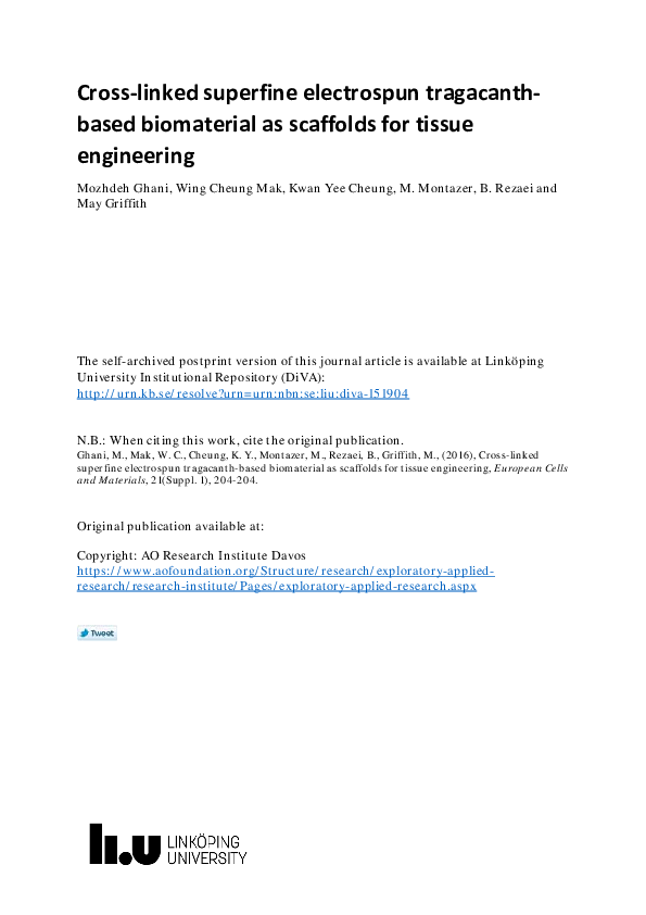 (PDF) Cross-linked superfine electrospun tragacanth-based biomaterial as scaffolds for tissue ...