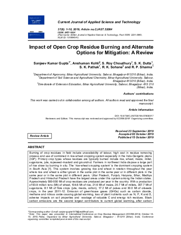 (PDF) Impact of Open Crop Residue Burning and Alternate Options for Mitigation: A Review