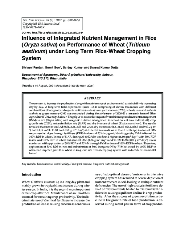 (PDF) Influence of Integrated Nutrient Management in Rice (Oryza sativa ...