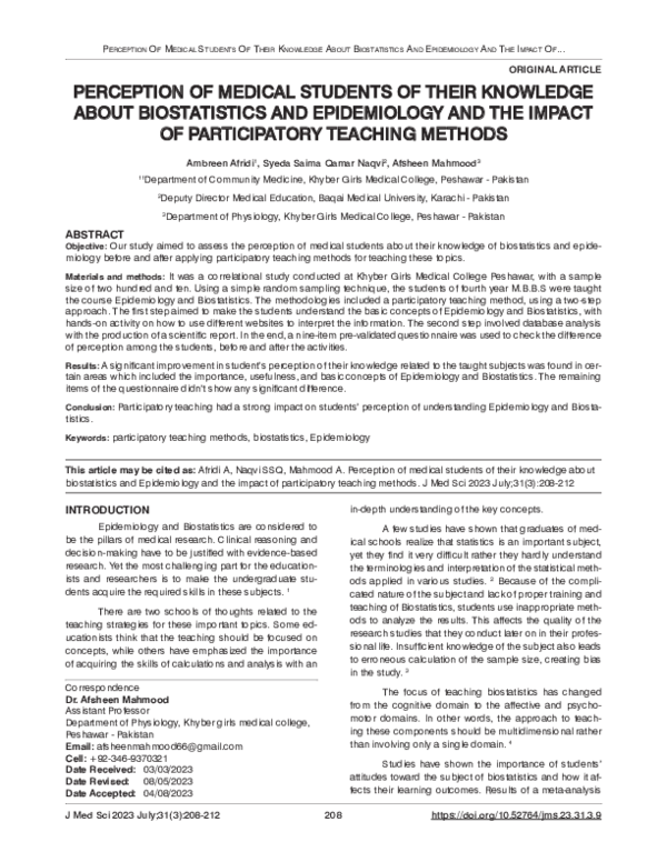 (PDF) Perception of Medical Students of Their Knowledge About Biostatistics and Epidemiology and ...