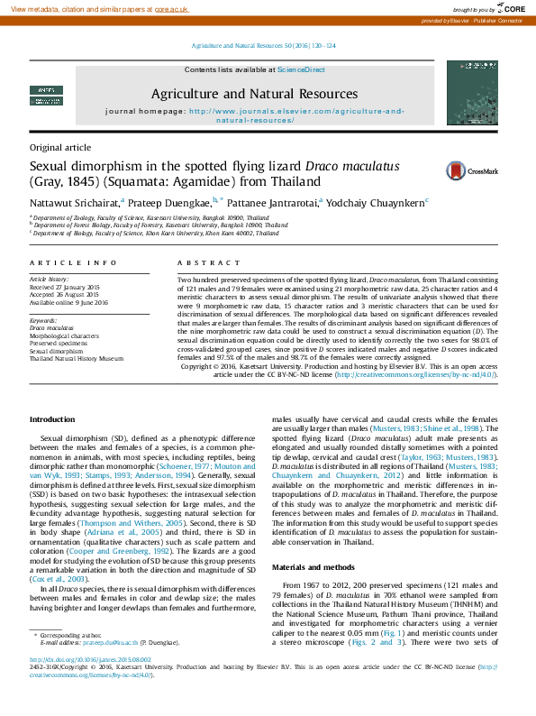 (PDF) Sexual dimorphism in the spotted flying lizard Draco maculatus (Gray, 1845) (Squamata ...