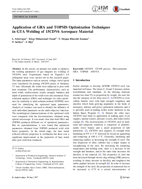 (PDF) Application of GRA and TOPSIS Optimization Techniques in GTA Welding of 15CDV6 Aerospace ...