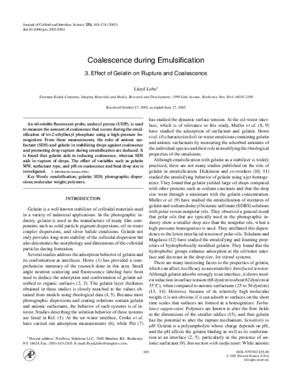 (PDF) Coalescence during Emulsification3. Effect of Gelatin on Rupture ...
