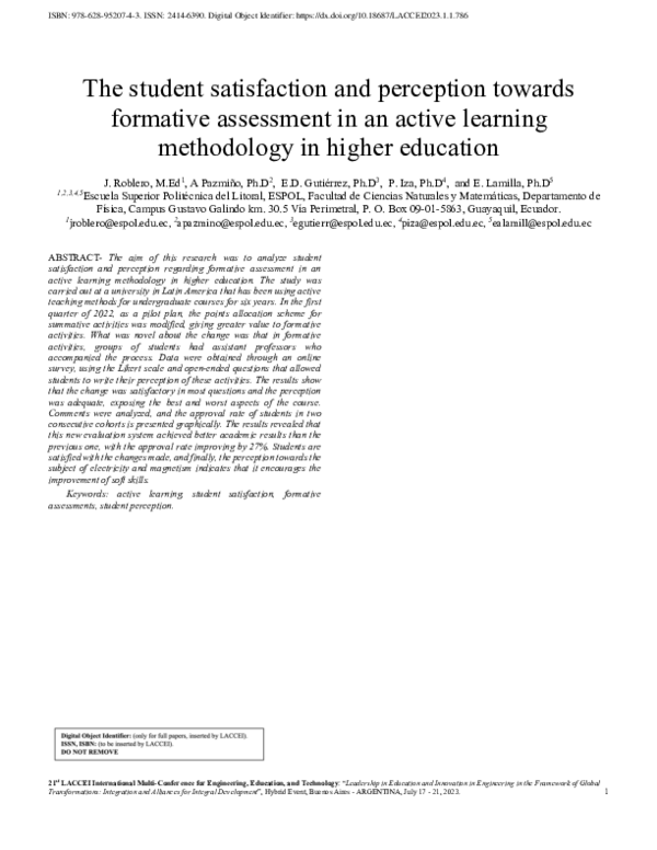 (PDF) Student Satisfaction and Perception towards Formative Evaluation in an Active Learning ...