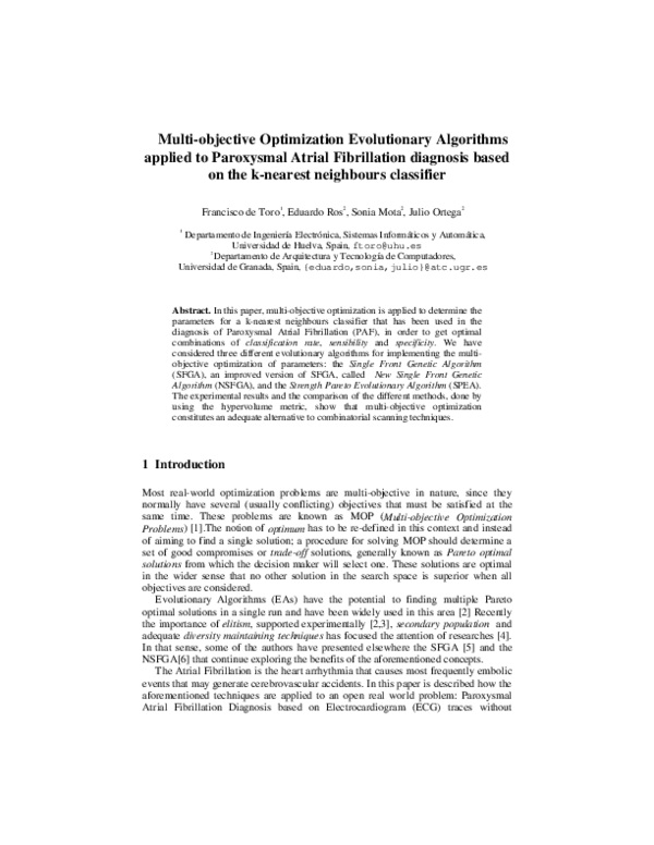 Pdf Multi Objective Optimization Evolutionary Algorithms Applied To Paroxysmal Atrial