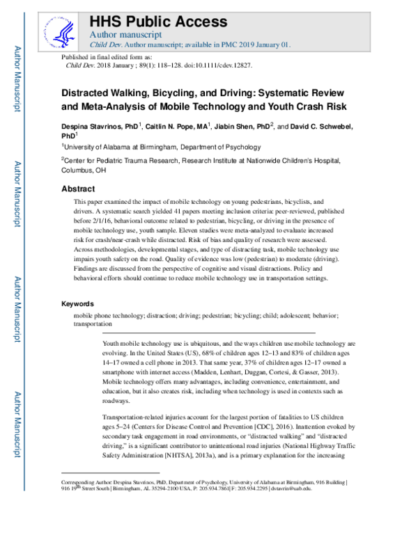 (PDF) Distracted Walking, Bicycling, and Driving: Systematic Review and ...