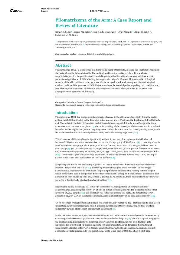 (PDF) Pilomatrixoma of the Arm: A Case Report and Review of Literature