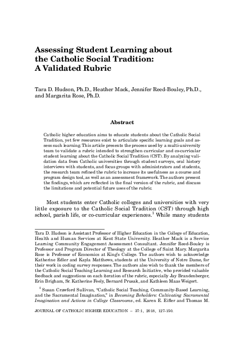 (PDF) Assessing Student Learning about the Catholic Social Tradition: A Validated Rubric