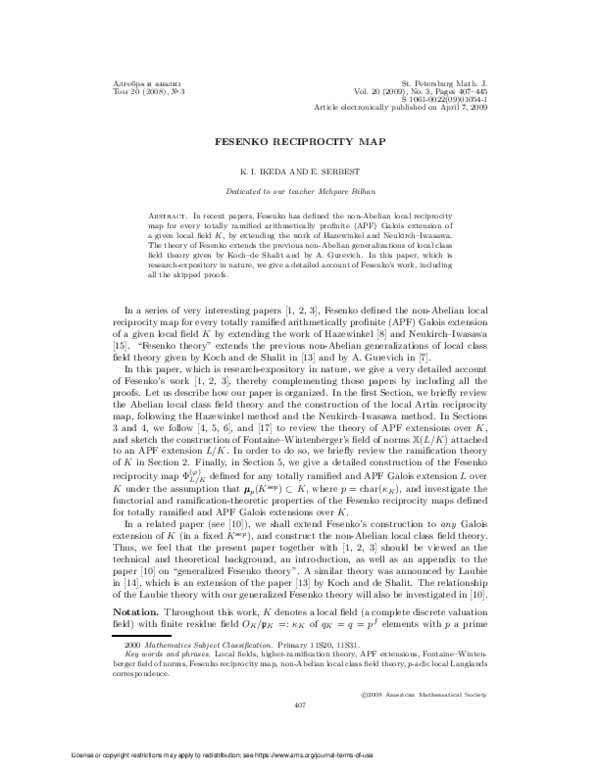(PDF) Fesenko reciprocity map