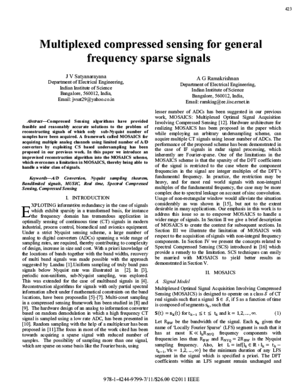 (PDF) Multiplexed Compressed Sensing for general frequency sparse signals