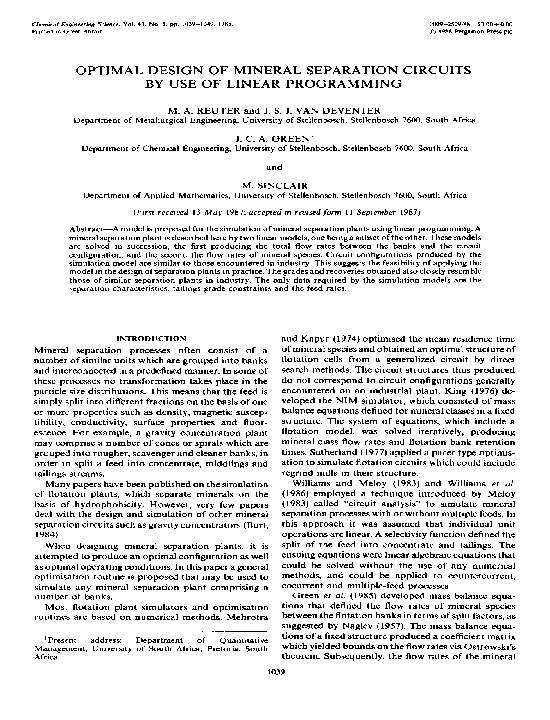 Pdf Optimal Design Of Mineral Separation Circuits By Use Of Linear Programming