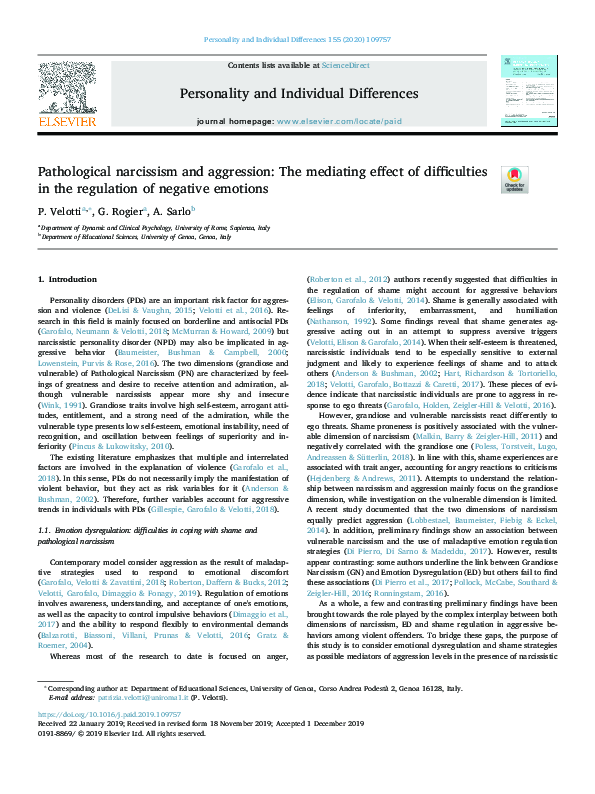 (PDF) Pathological narcissism and aggression: The mediating effect of ...