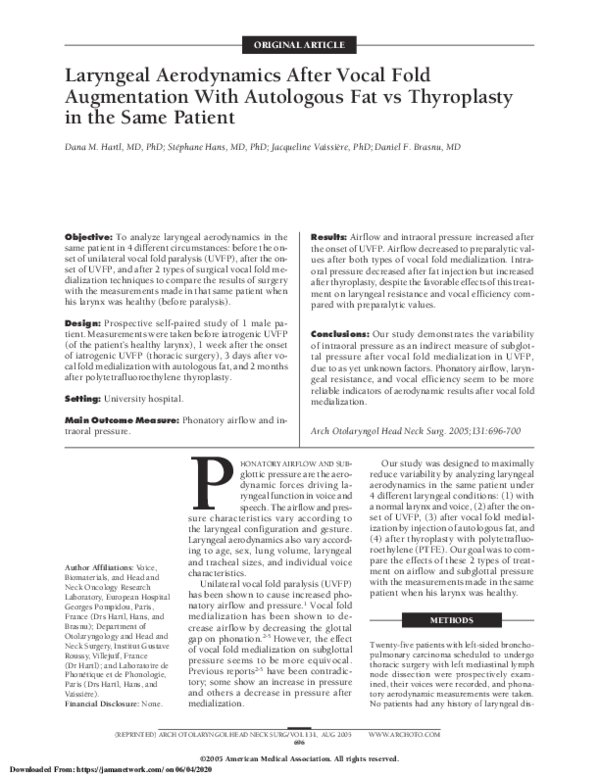 (PDF) Laryngeal Aerodynamics after Vocal Fold Augmentation with ...