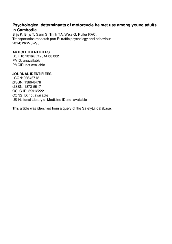 Pdf Psychological Determinants Of Motorcycle Helmet Use Among Young Adults In Cambodia