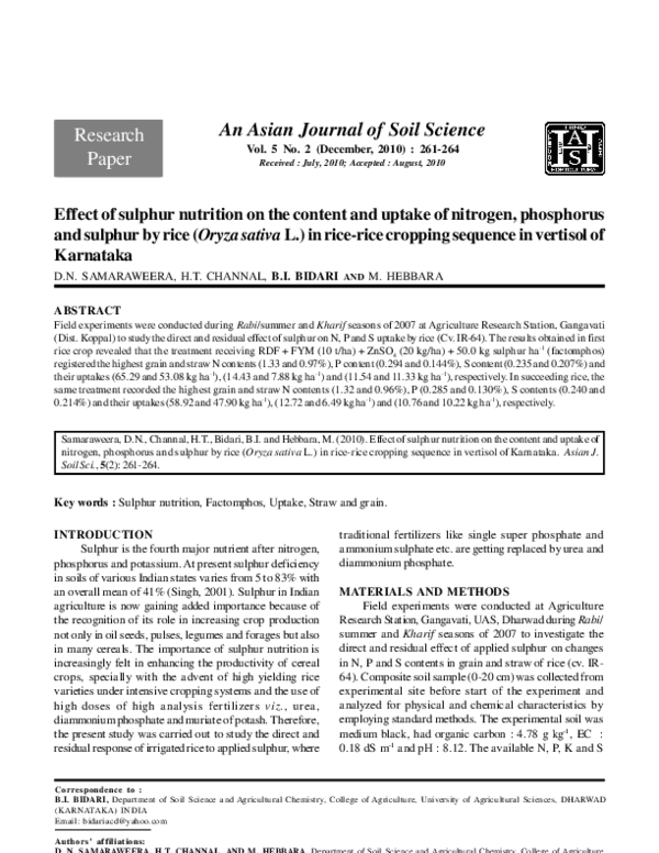 (PDF) Effect of sulphur nutrition on the content and uptake of nitrogen ...