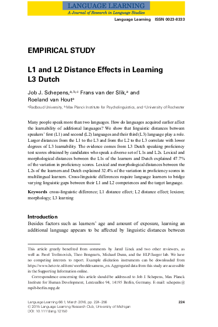 (PDF) Impact of L1 and L2 Distance on L3 Dutch Learnability