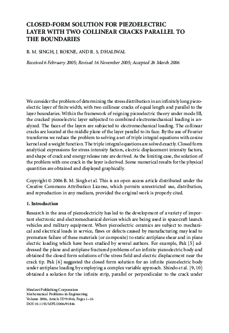 (PDF) Closed-form solution for piezoelectric layer with two collinear cracks parallel to the ...