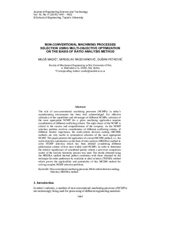(PDF) Non-Conventional Machining Processes Selection Using Multi-Objective Optimization on the ...