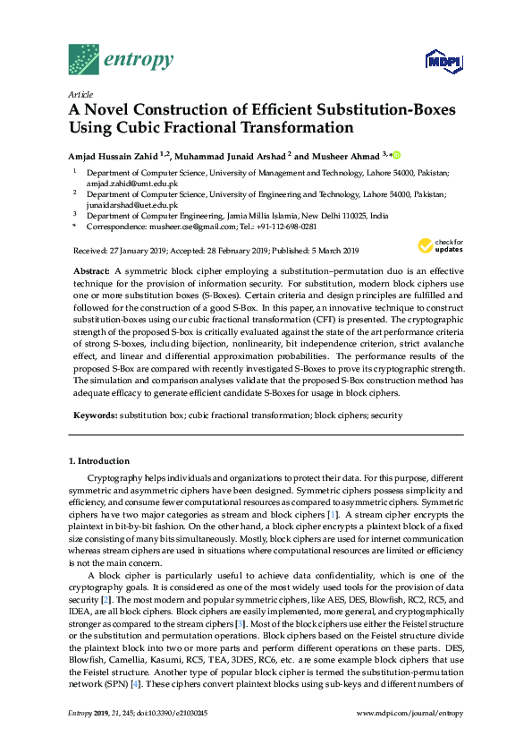 (PDF) A Novel Construction of Efficient Substitution-Boxes Using Cubic Fractional Transformation