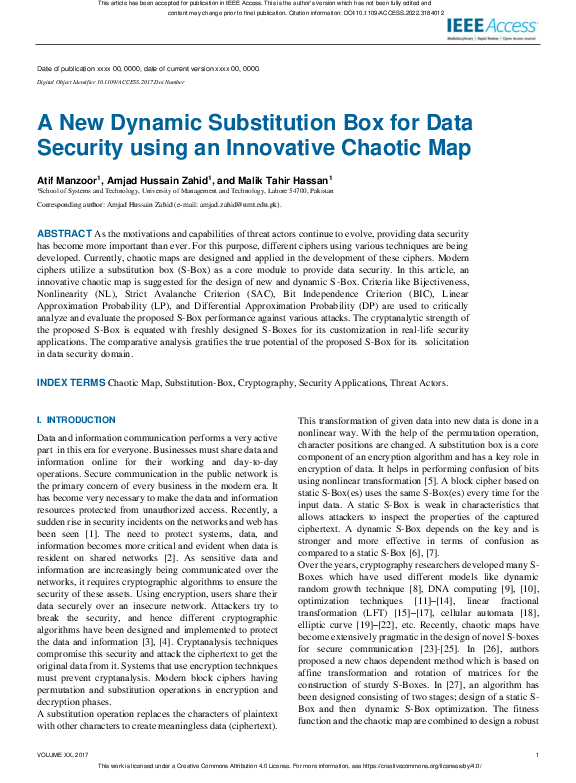 (PDF) A New Dynamic Substitution Box for Data Security Using an Innovative Chaotic Map
