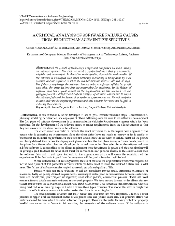 (PDF) A Critical Analysis of Software Failure Causes From Project ...