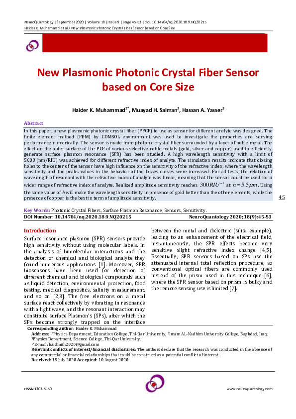 (PDF) New Plasmonic Photonic Crystal Fiber Sensor based on Core Size