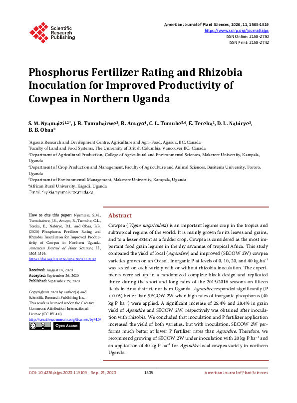 (PDF) Phosphorus Fertilizer Rating and Rhizobia Inoculation for Improved Productivity of Cowpea ...