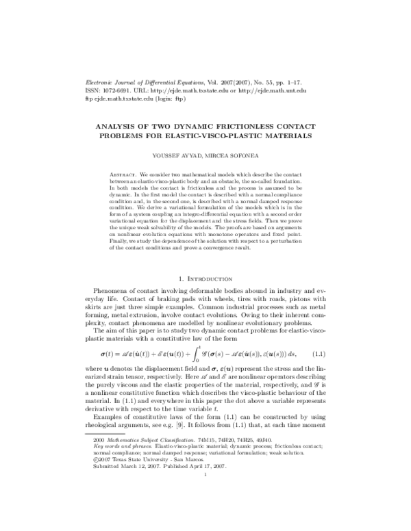 (PDF) Analysis of two dynamic frictionless contact problems for elastic-visco-plastic materials