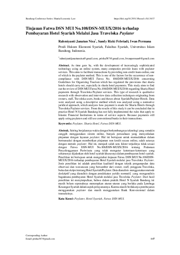 (PDF) Tinjauan Fatwa DSN-MUI No.108/DSN-MUI/X/2016 terhadap Pembayaran Hotel Syariah Melalui ...