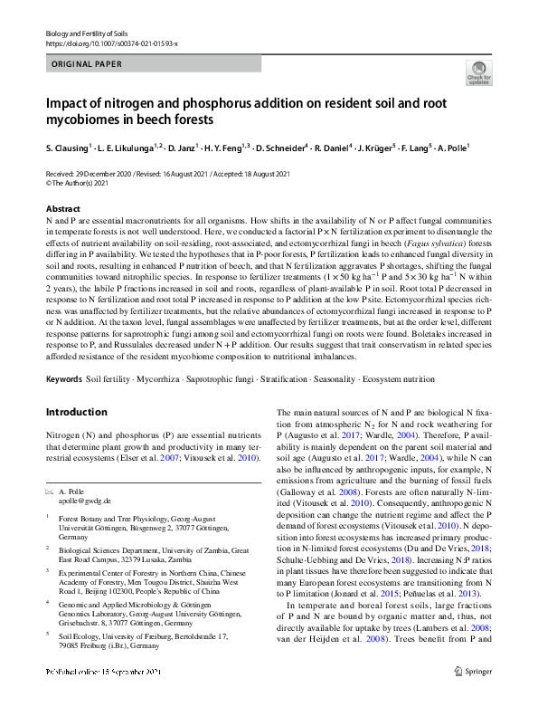 (PDF) Impact of nitrogen and phosphorus addition on resident soil and root mycobiomes in beech ...