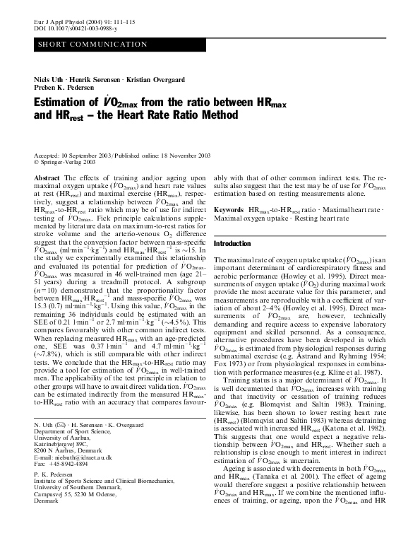 (PDF) Estimation of V?O2max from the ratio between HRmax and HRrest ...