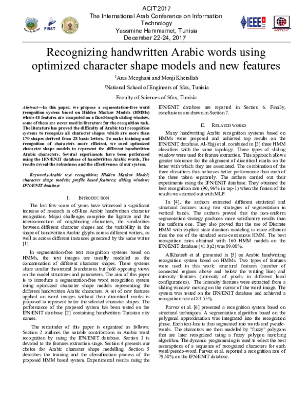 (PDF) Recognizing handwritten Arabic words using optimized character shape models and new features 1