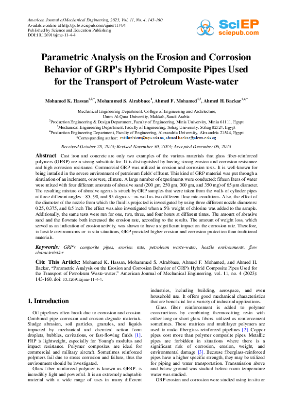 (PDF) Parametric Analysis on the Erosion and Corrosion Behavior of GRP's Hybrid Composite Pipes ...