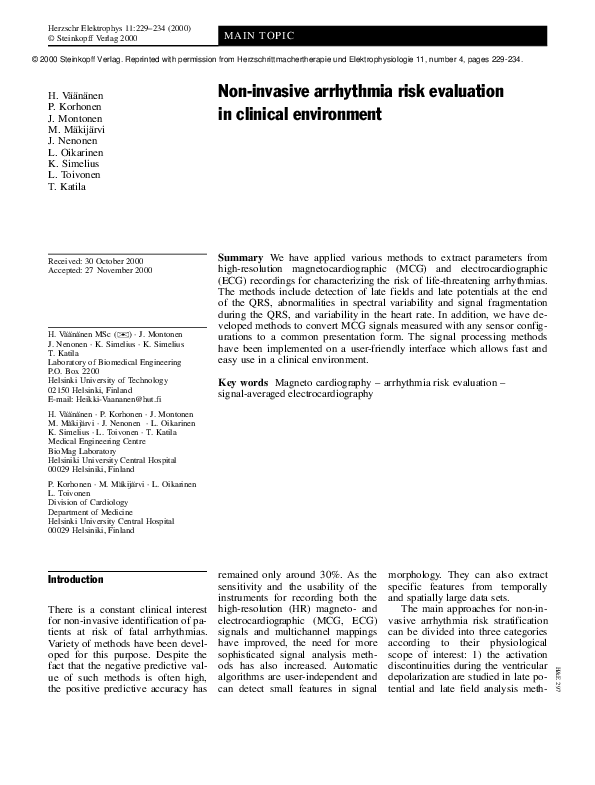 (PDF) Non-invasive Arrhythmia Risk Assessment Methods