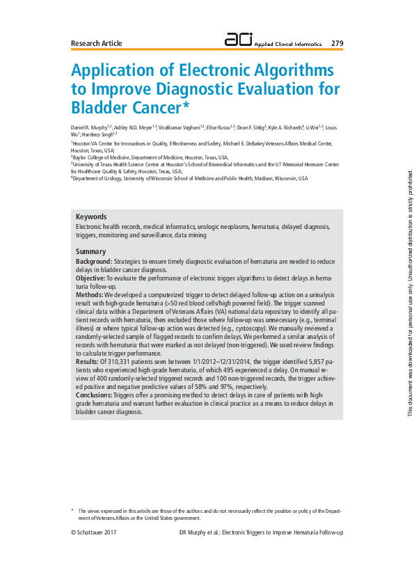 (PDF) Application of Electronic Algorithms to Improve Diagnostic Evaluation for Bladder Cancer