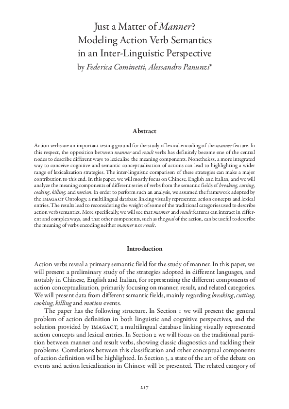 (PDF) Just a Matter of 'Manner'? Modeling Action Verb Semantics in an Inter-Linguistic Perspective