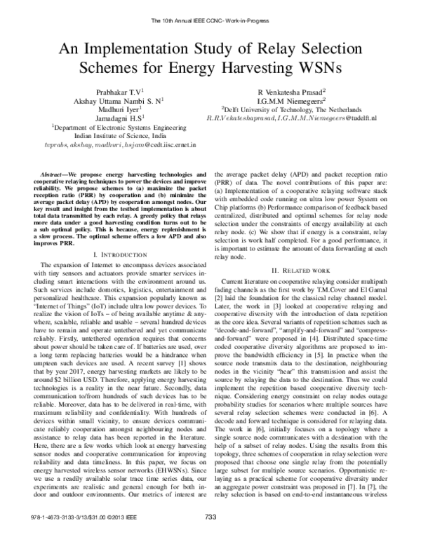 (PDF) An implementation study of relay selection schemes for energy harvesting WSNs