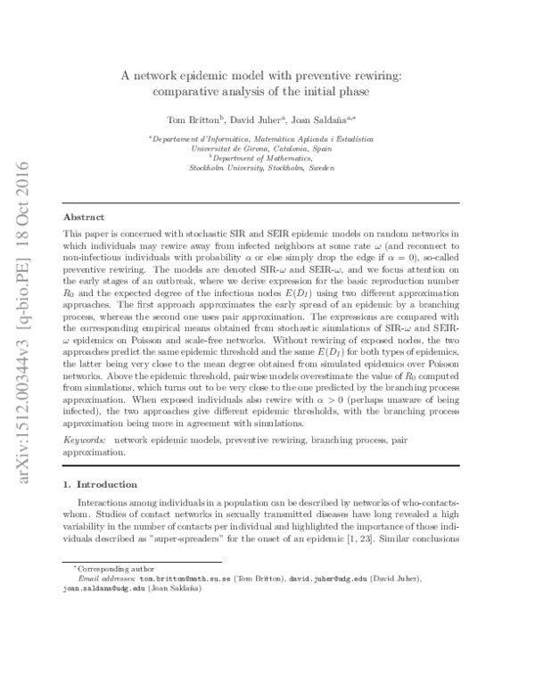 (PDF) A Network Epidemic Model with Preventive Rewiring: Comparative Analysis of the Initial ...