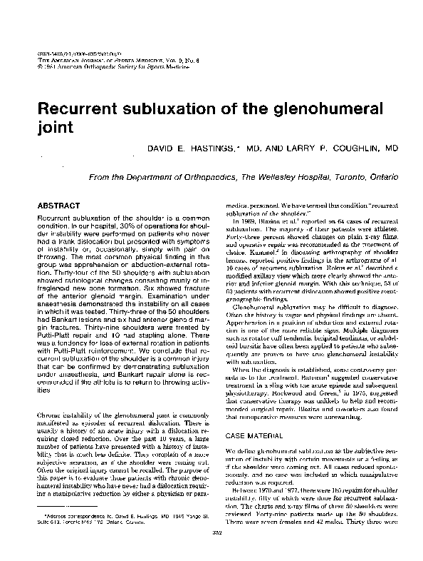 (PDF) Recurrent subluxation of the glenohumeral joint