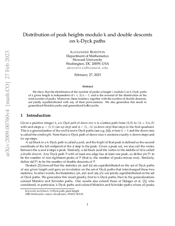 (PDF) Distribution of peak heights modulo $k$ and double descents on $k ...
