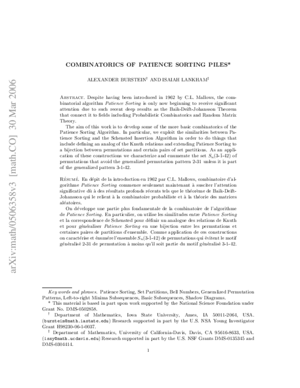 (PDF) Combinatorics of patience sorting piles