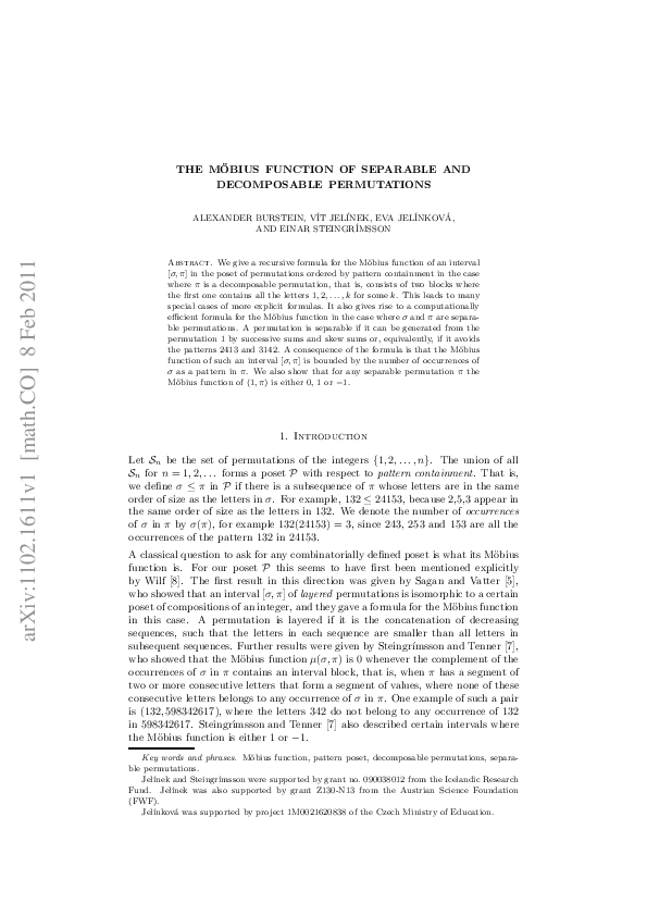 (PDF) The Moebius function of separable and decomposable permutations | Alexander Burstein ...