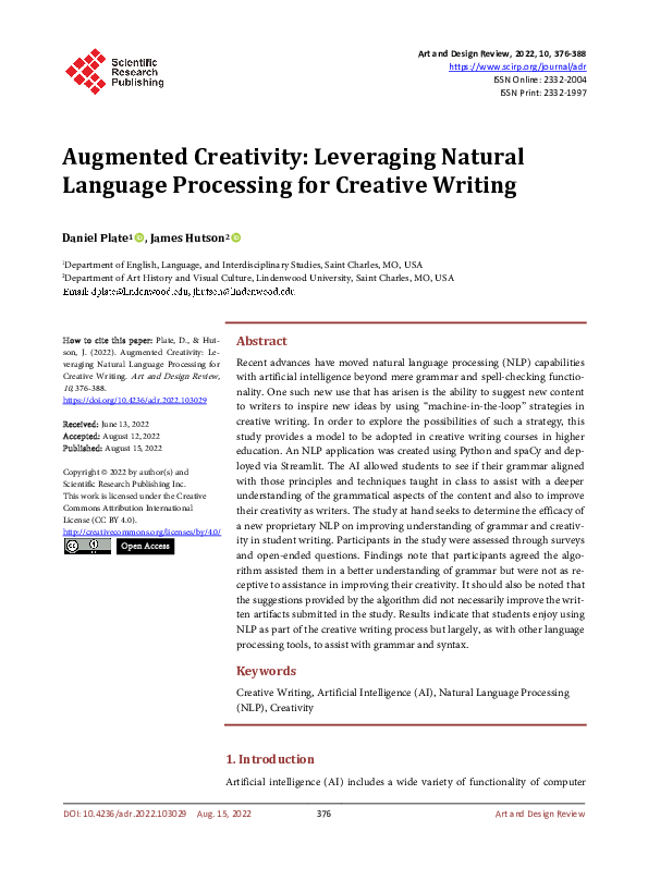 (PDF) Augmented Creativity: Leveraging Natural Language Processing for Creative Writing