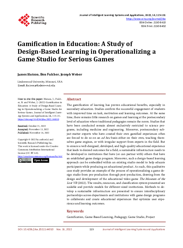 (PDF) Gamification in Education: A Study of Design-Based Learning in Operationalizing a Game ...