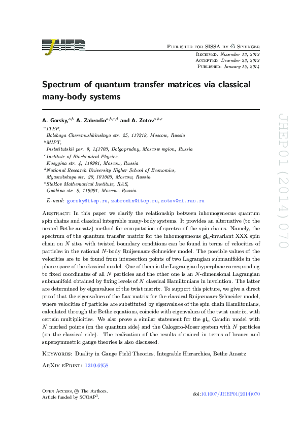 (PDF) Spectrum of quantum transfer matrices via classical many-body systems