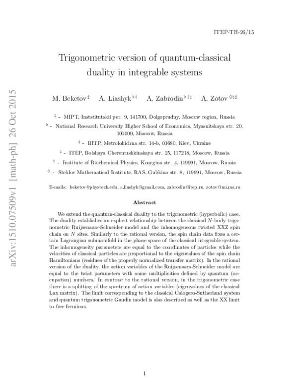Pdf Trigonometric Version Of Quantum Classical Duality In Integrable