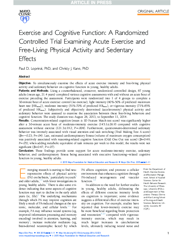 (PDF) Exercise and cognitive function