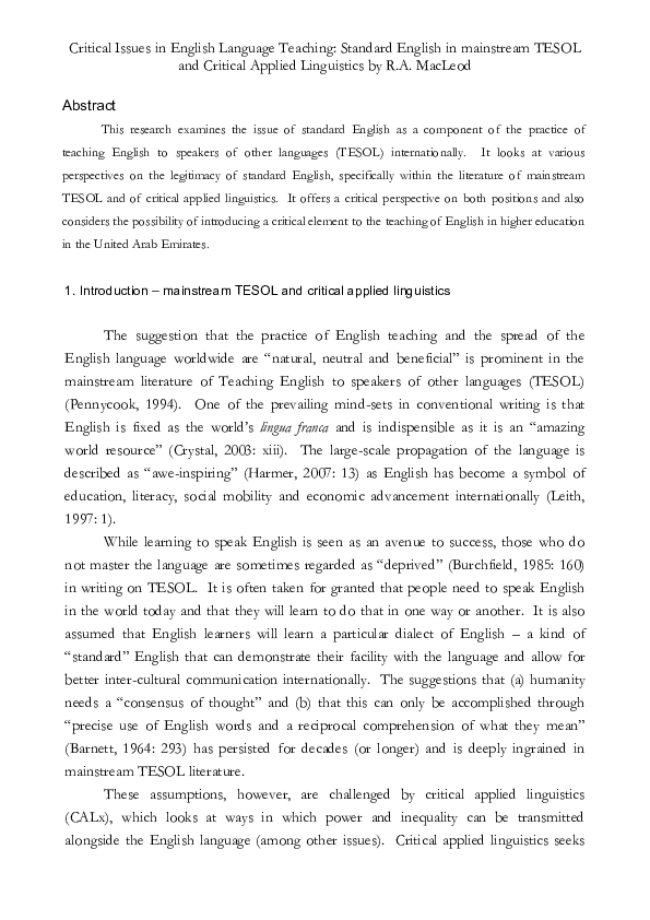(PDF) Critical Issues in English Language Teaching: Standard English in ...